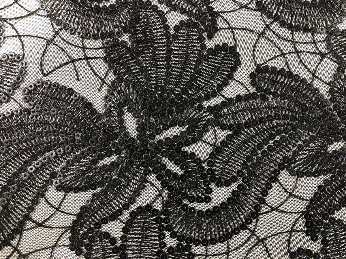 Faux Leather Sequins Black Leaves on Black Netting – Fabric Muse